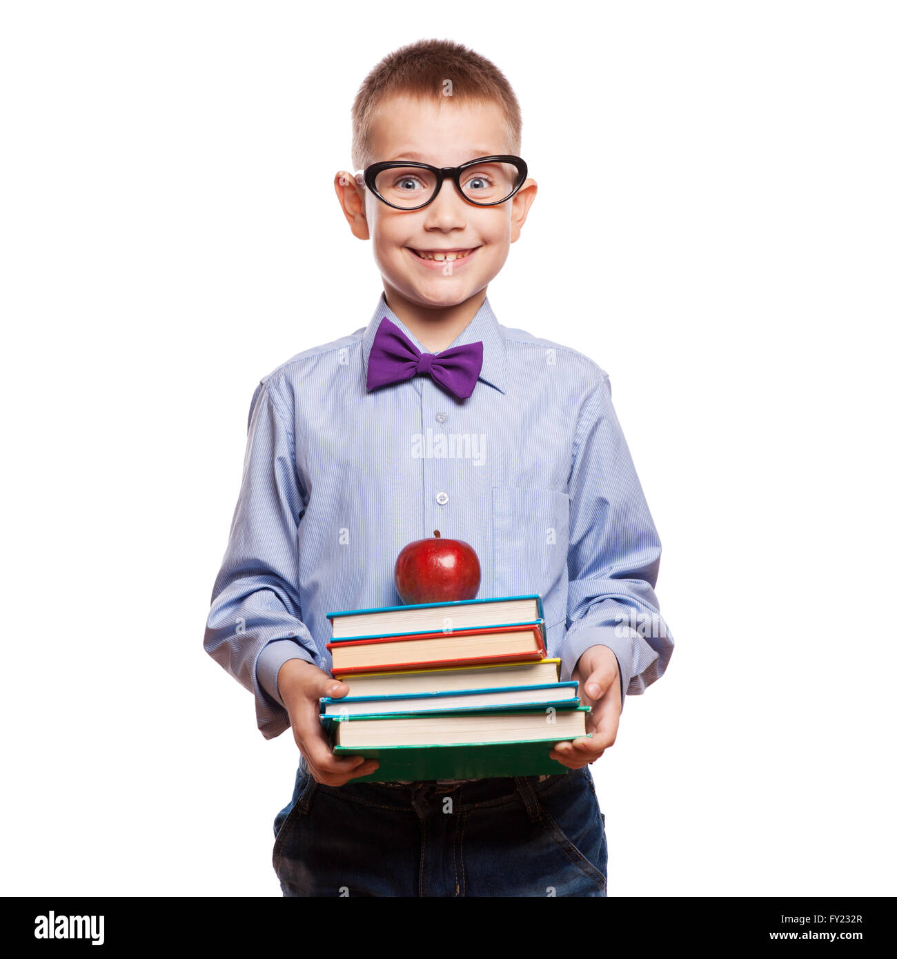 Happy little boy with books isolated on white background Stock Photo ...