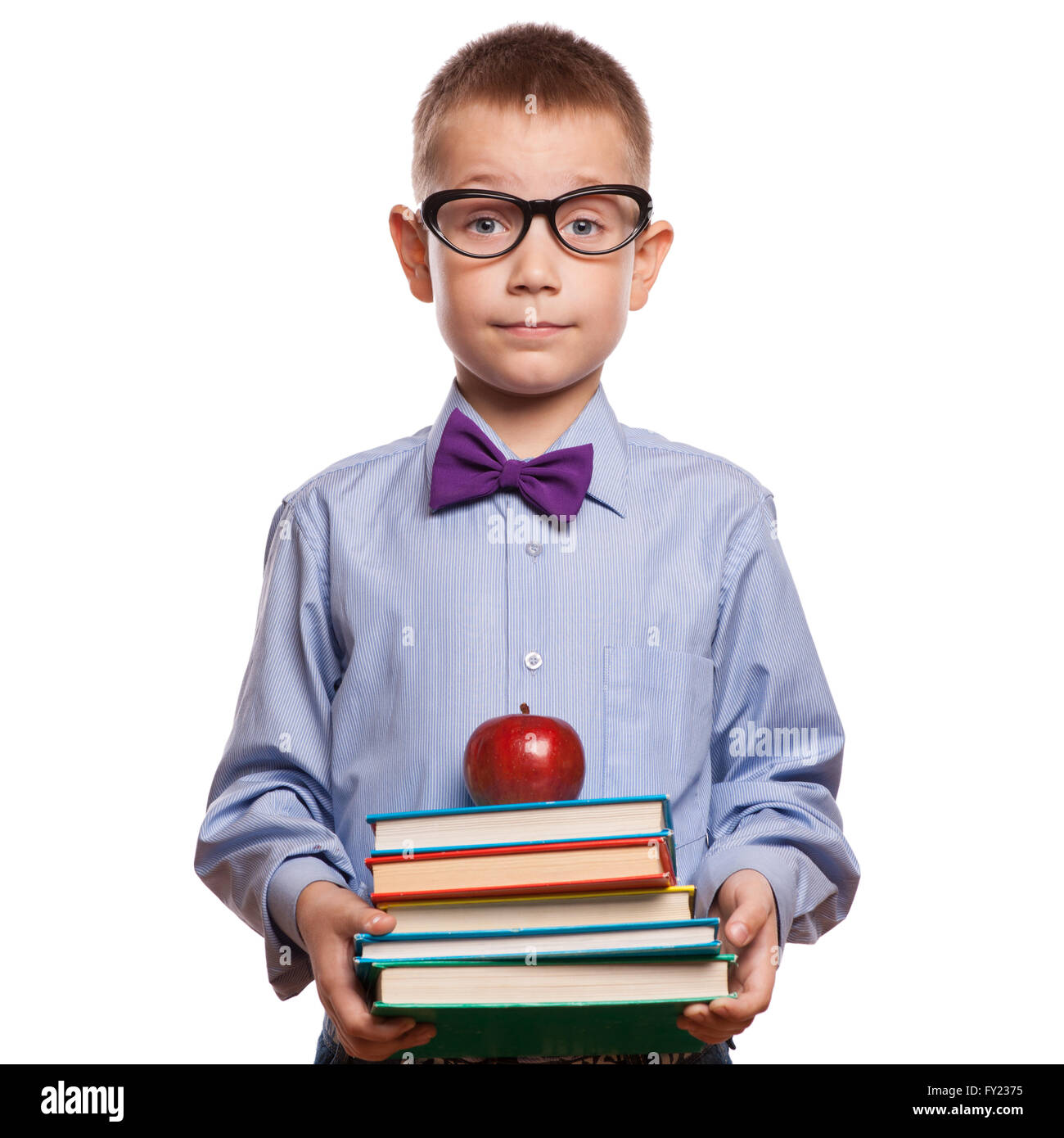 Happy little boy with books isolated on white background Stock Photo ...