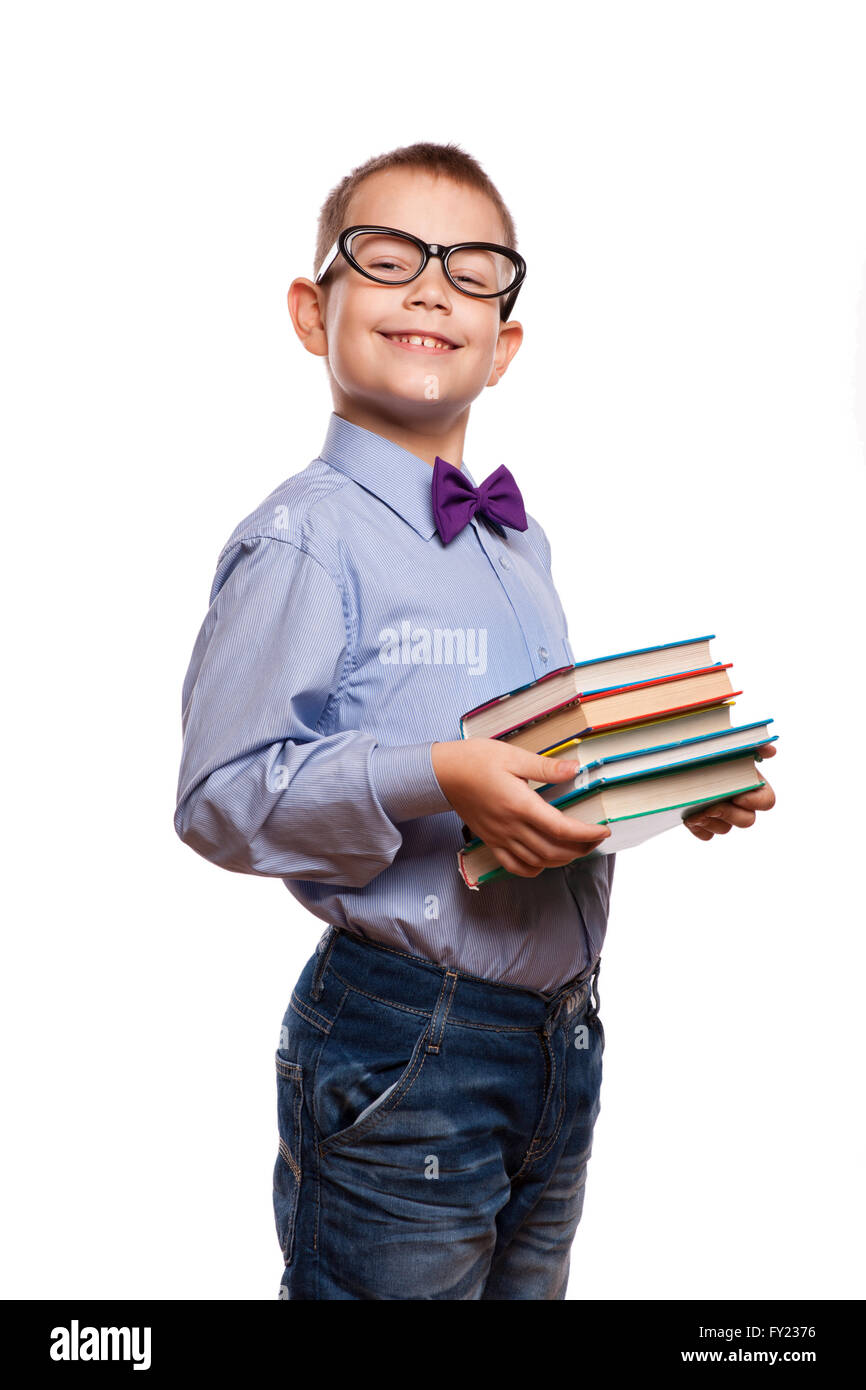 Happy little boy with books isolated on white background Stock Photo ...