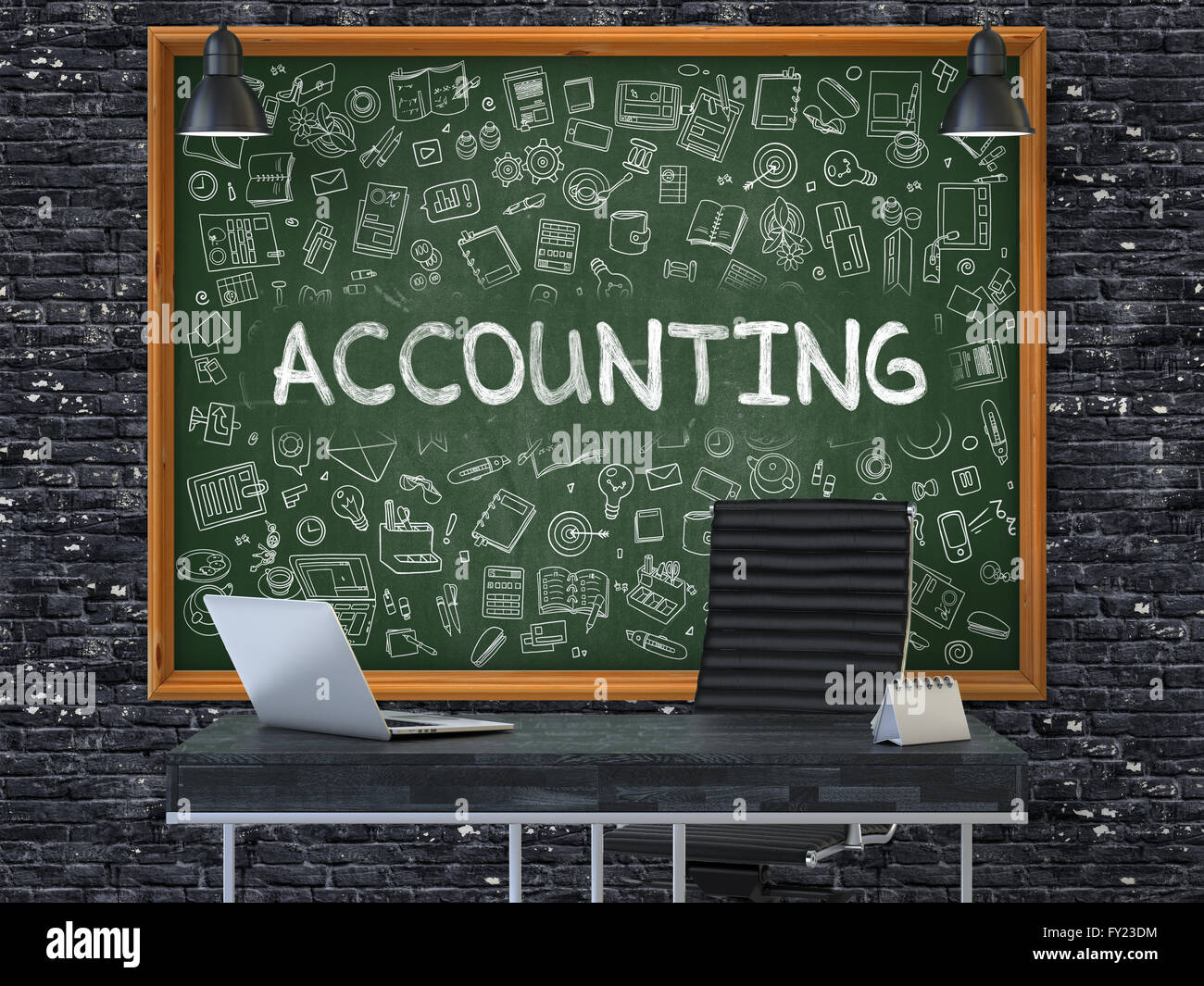 Accounting on Chalkboard with Doodle Icons Stock Photo - Alamy