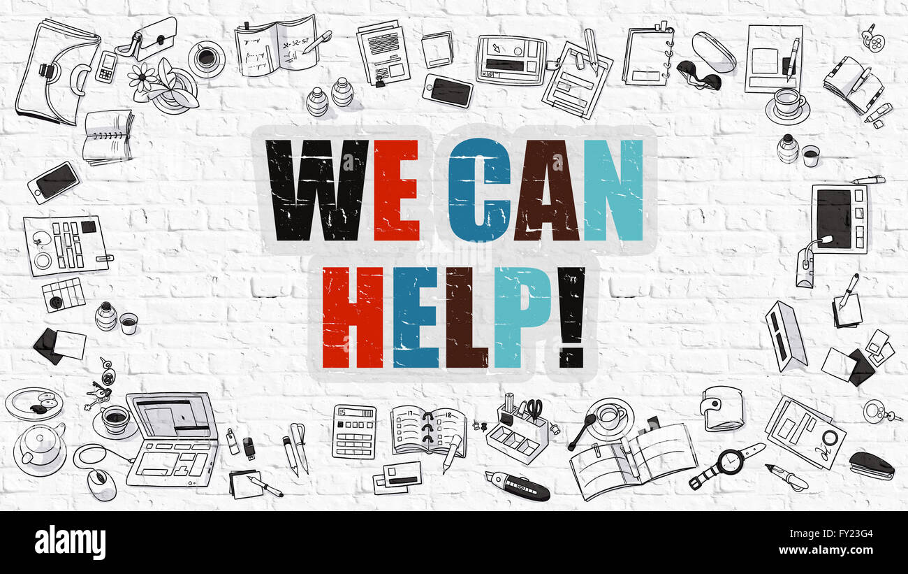We Can Help Concept with Doodle Design Icons Stock Photo - Alamy