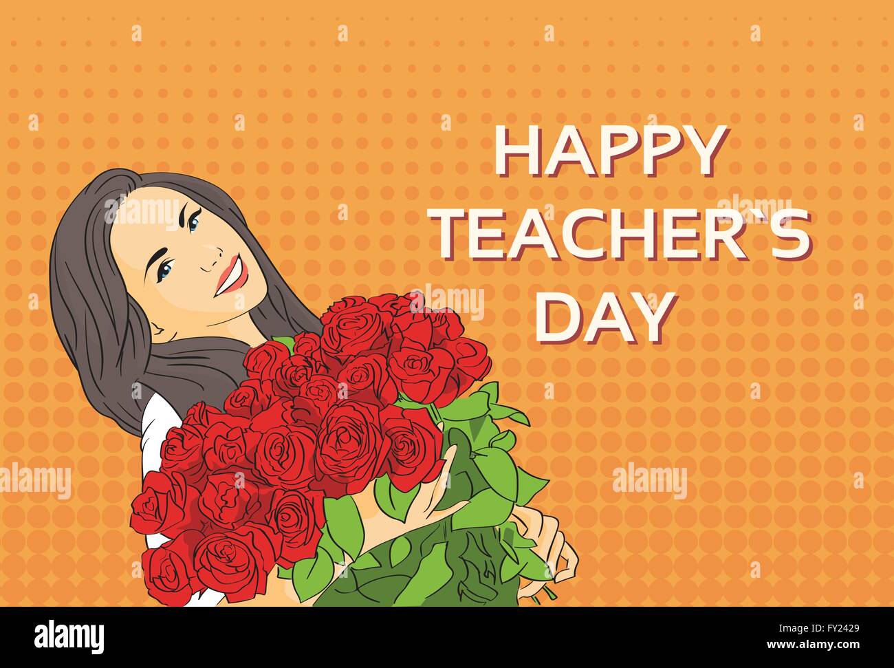 Woman Hold Rose Flower Bouquet Teacher Day Holiday Greeting Card Pop ...