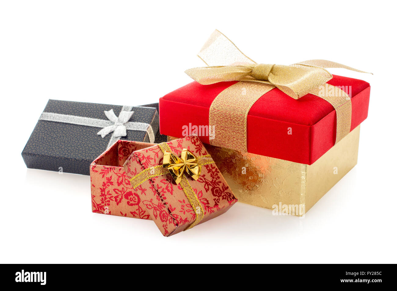 Three decorative gift boxes isolated on white background Stock Photo ...