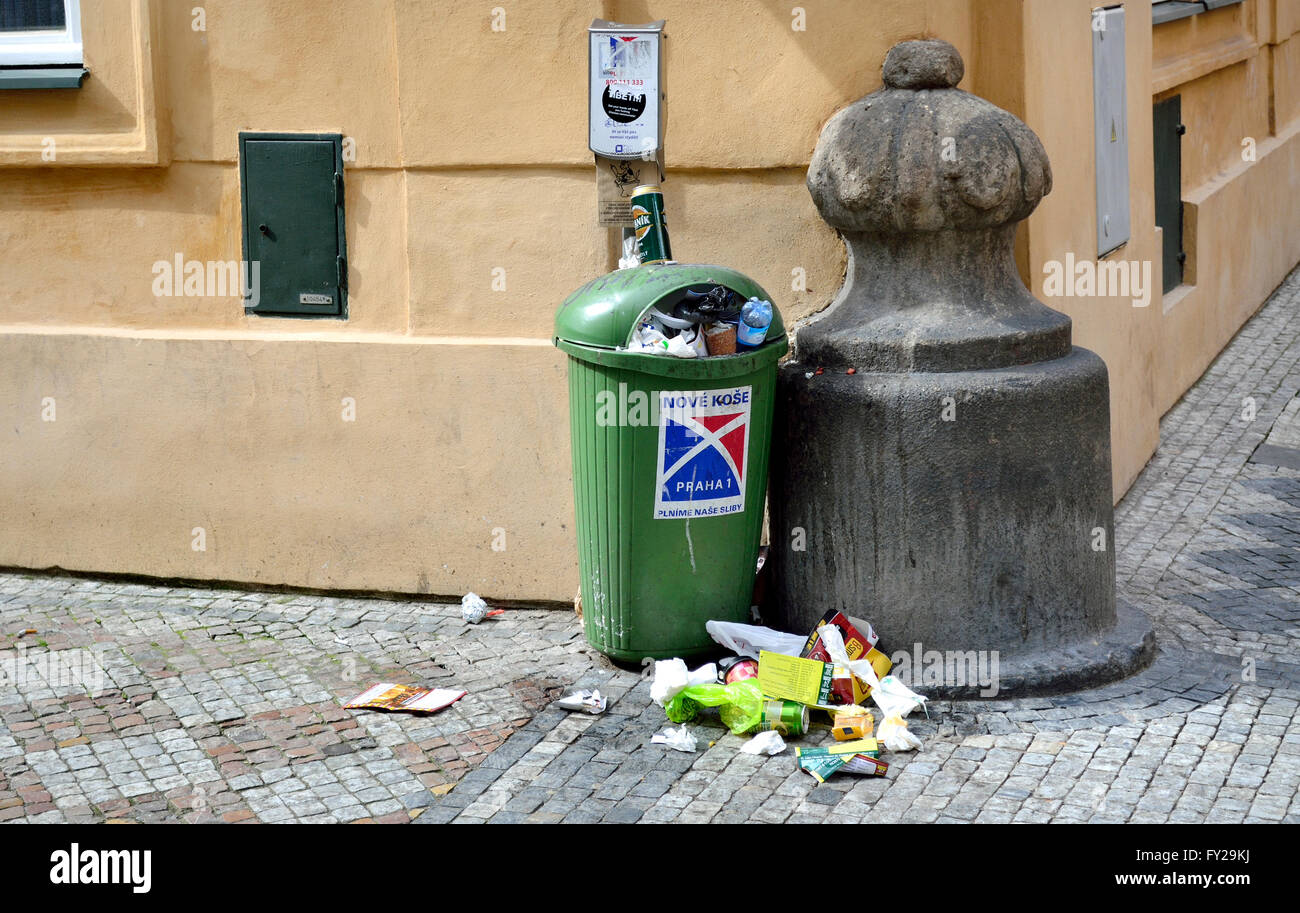 Prague, Czech Republic. Overflowing rubbish bin the street Stock Photo ...