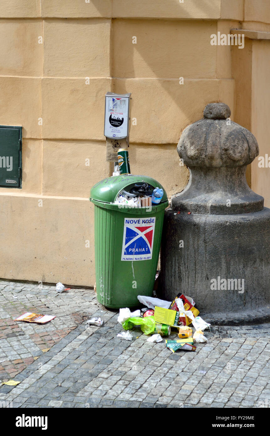 Prague, Czech Republic. Overflowing rubbish bin the street Stock Photo ...