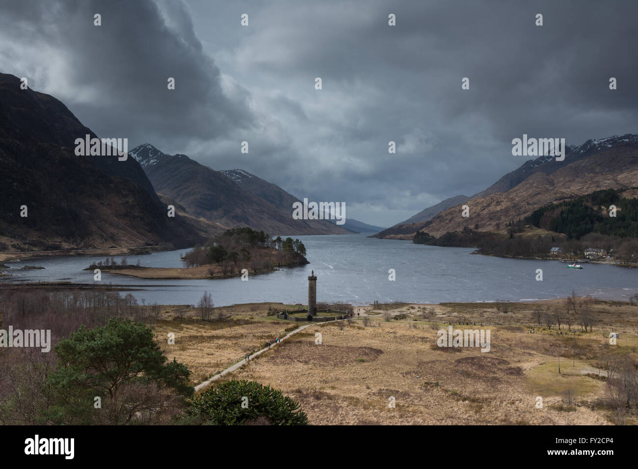 Glenfinnan Monument and Loch Shiel in Lochaber, Scotland on a stormy ...