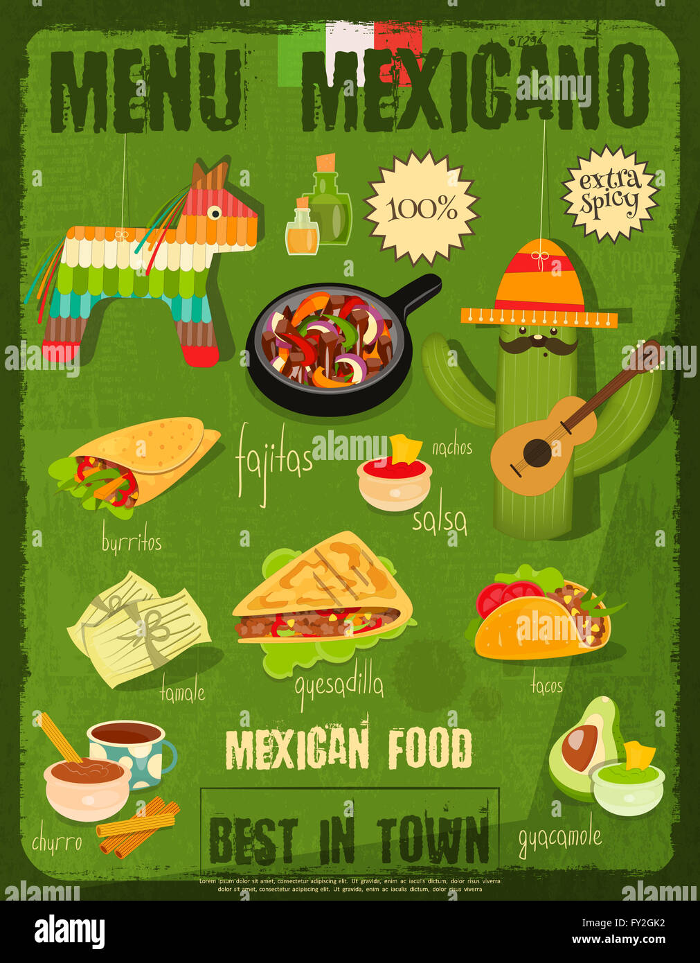 Mexican Food Menu Card with Traditional Spicy Meal in Retro Vintage ...