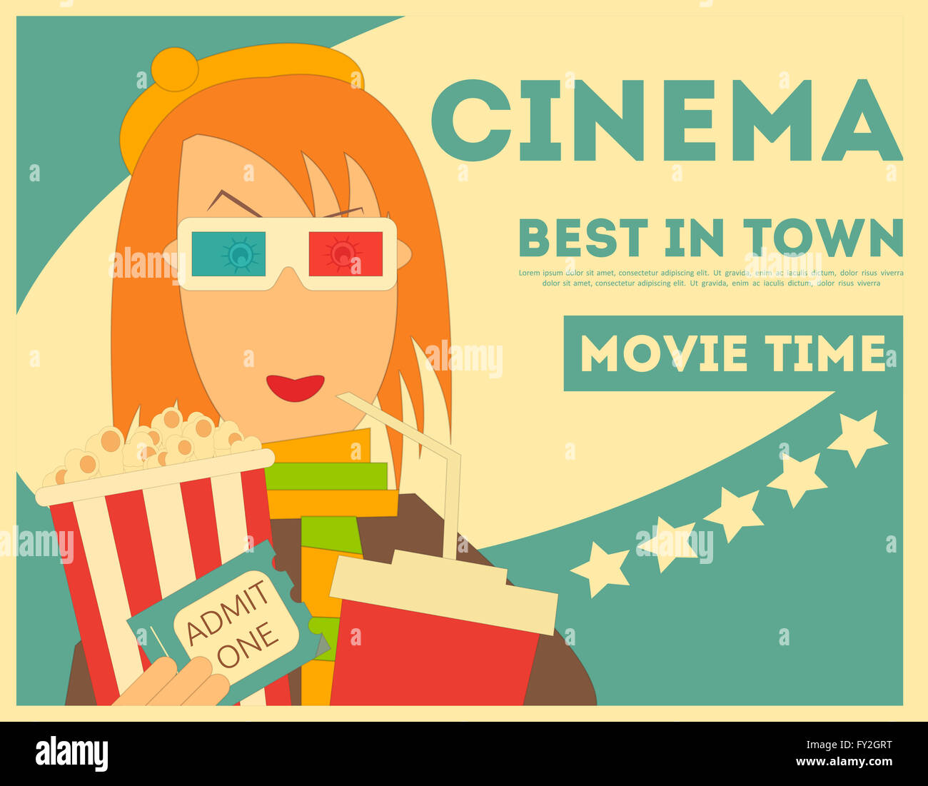 Cinema Poster. Movie Placard. Girl Keeps Popcorn, Movie Ticket and ...