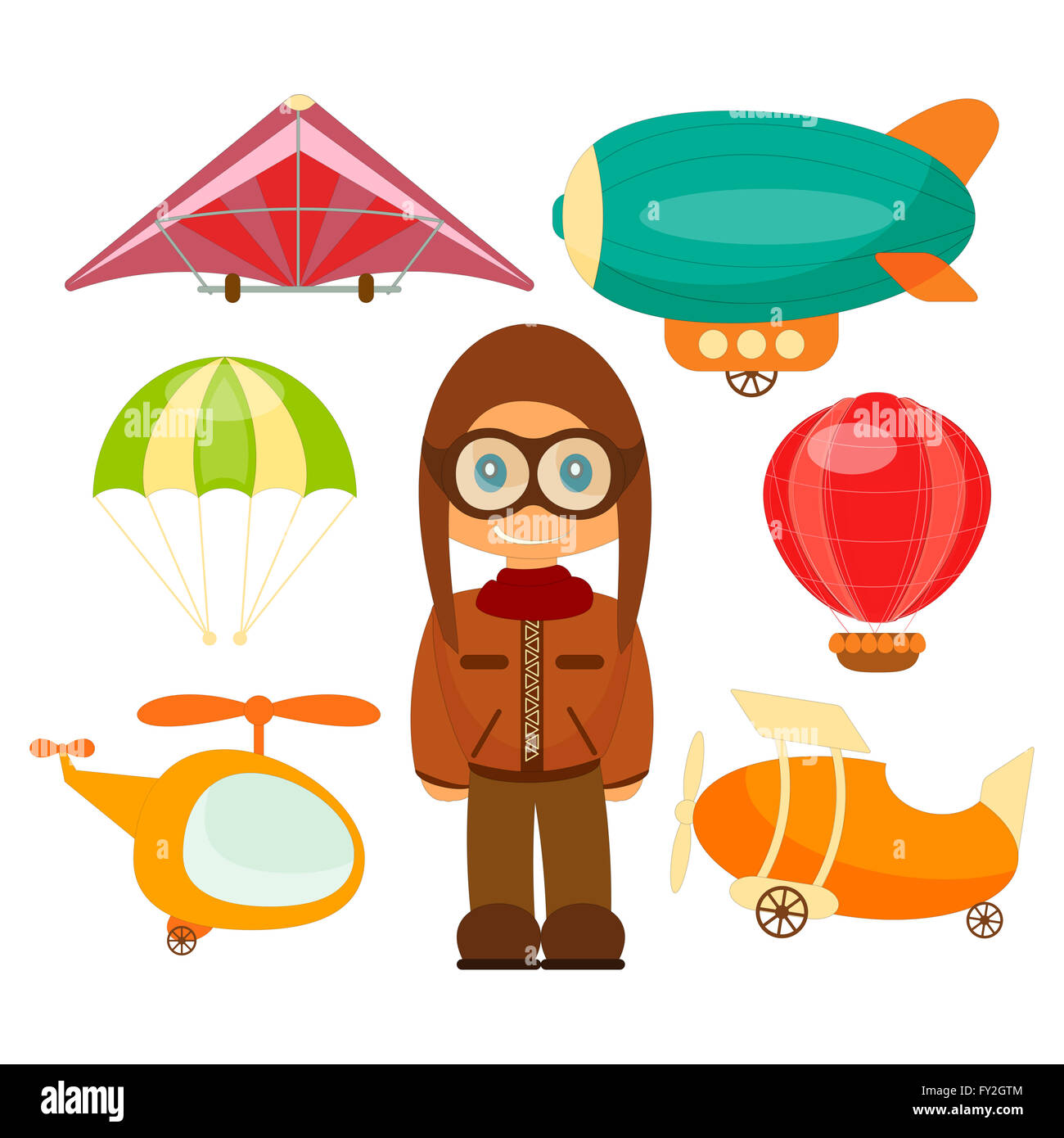 Set of Aero Vehicles. Airman in Uniform. Cartoon Style. Isolated on ...