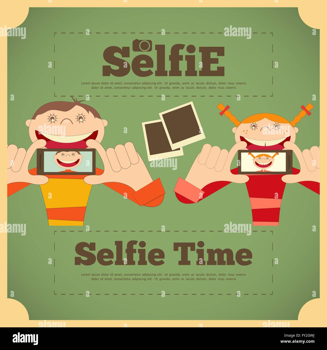Selfie Poster. Girl and Boy with Phone. Flat Design. Illustration Stock ...