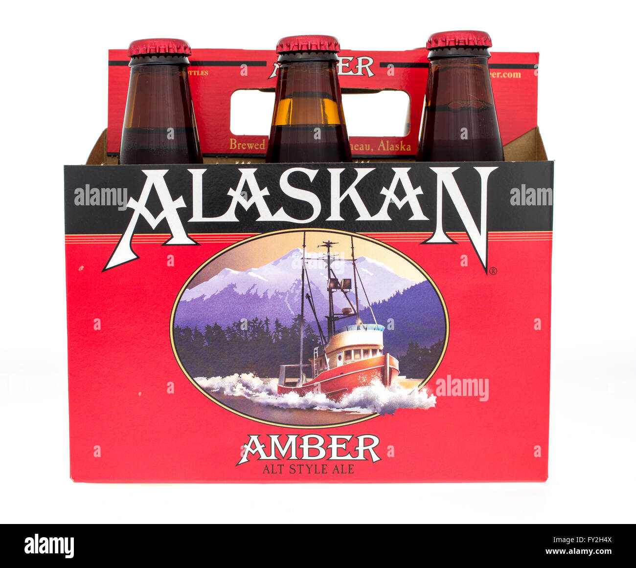 Winneconne, WI -18 Oct 2015: Six pack of Alaskan Amber alt style ale ...