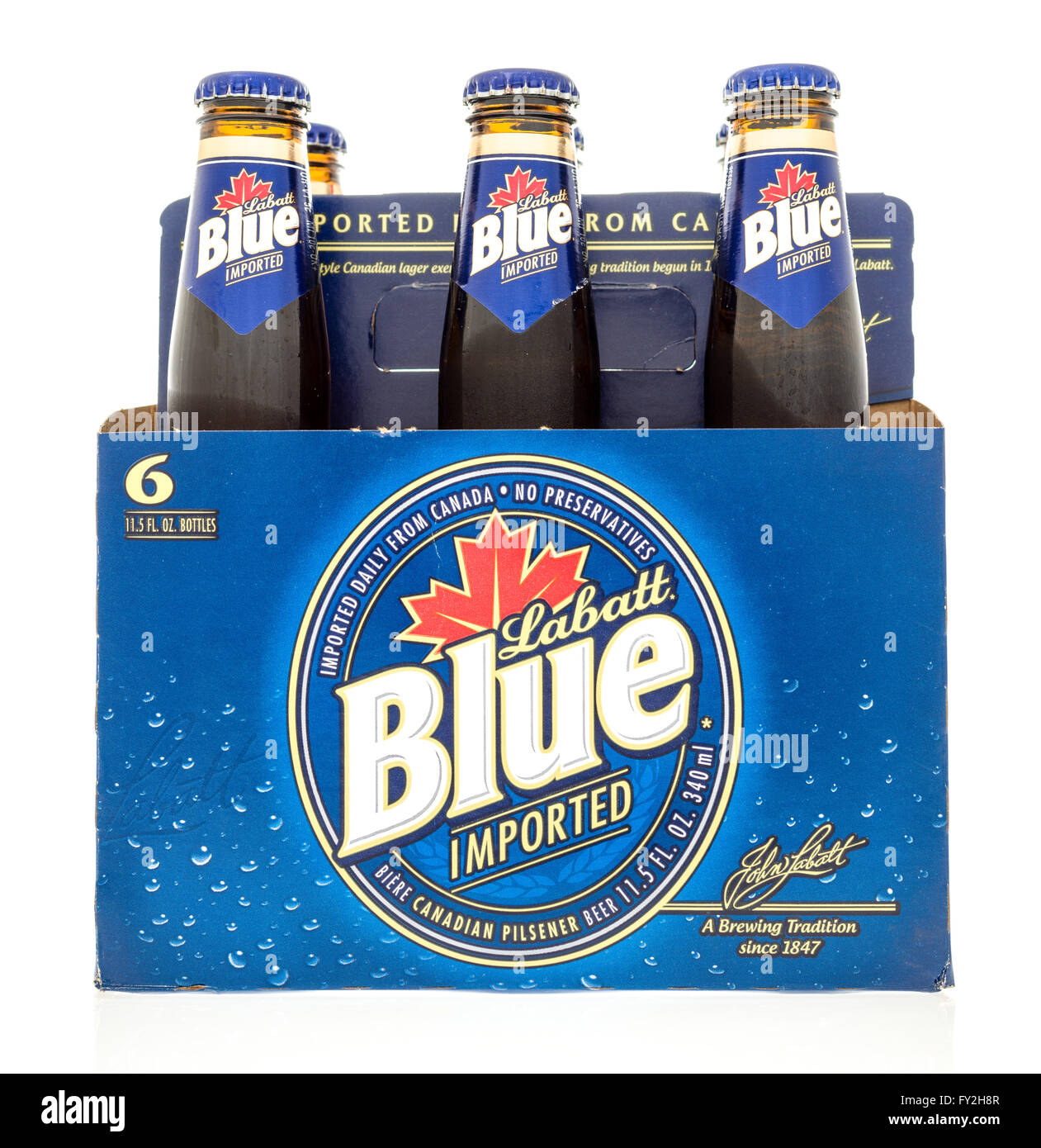 Winneconne, WI -24 Oct 2015: Six pack of Labatt Blue beer from Canada ...