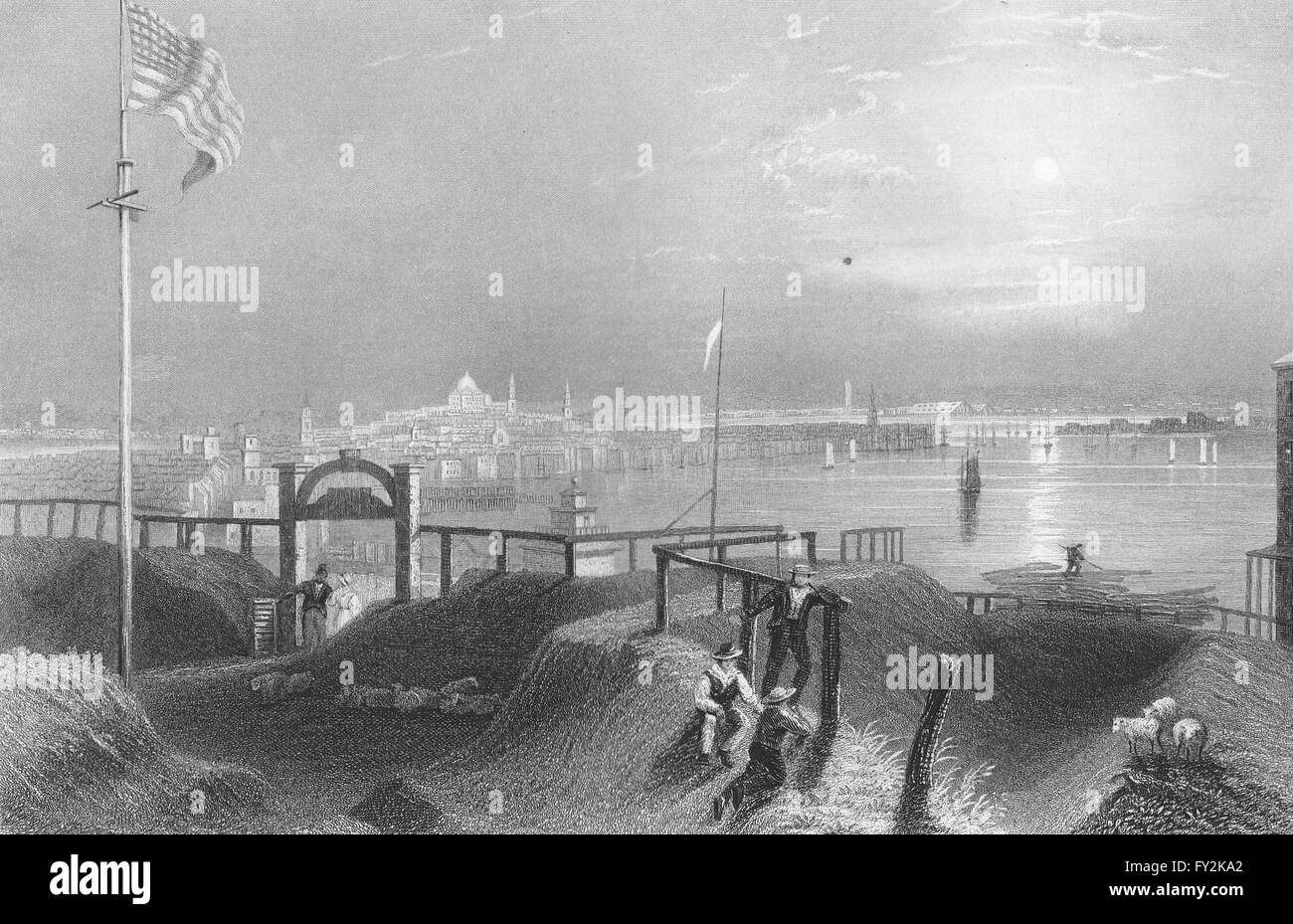 Boston from the Dorchester Heights, Massachusetts. WH BARTLETT, old ...