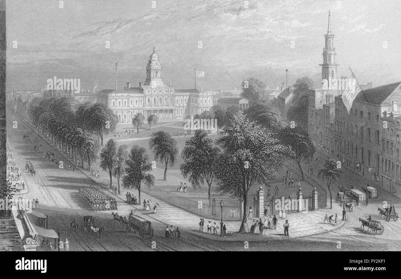The Park and City Hall, New York, New York. WH BARTLETT, antique print ...