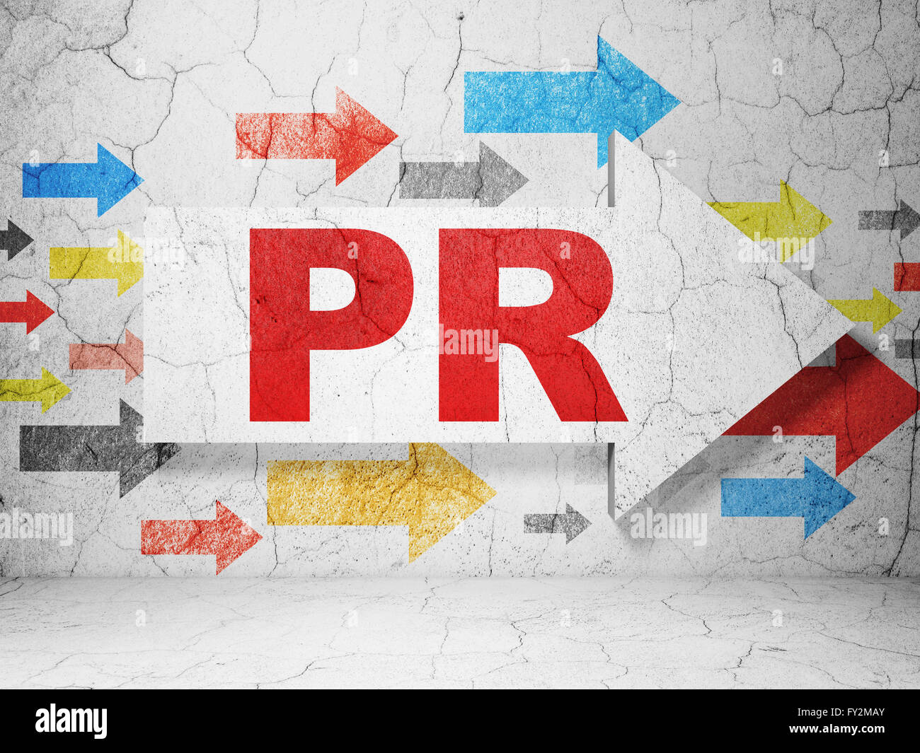Advertising concept: arrow with PR on grunge wall background Stock ...