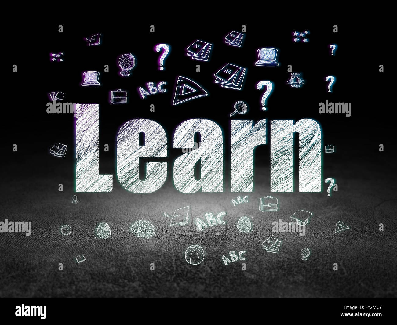 Education concept: Learn in grunge dark room Stock Photo - Alamy