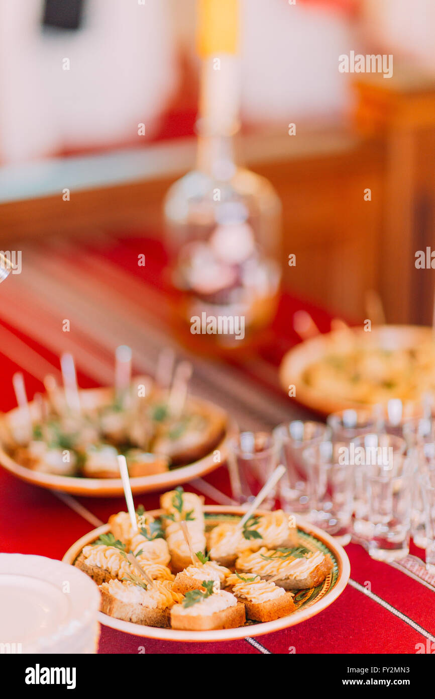 Catering services background with snacks and food in restaurant Stock ...