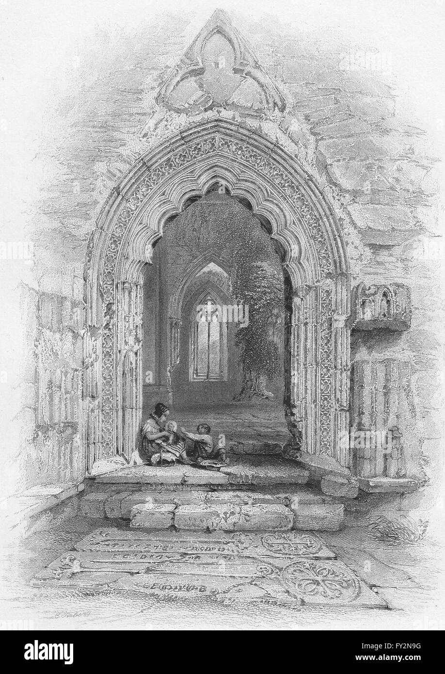 WALES: Door into Cloister, Tintern Abbey-Bartlett, antique print c1860 ...