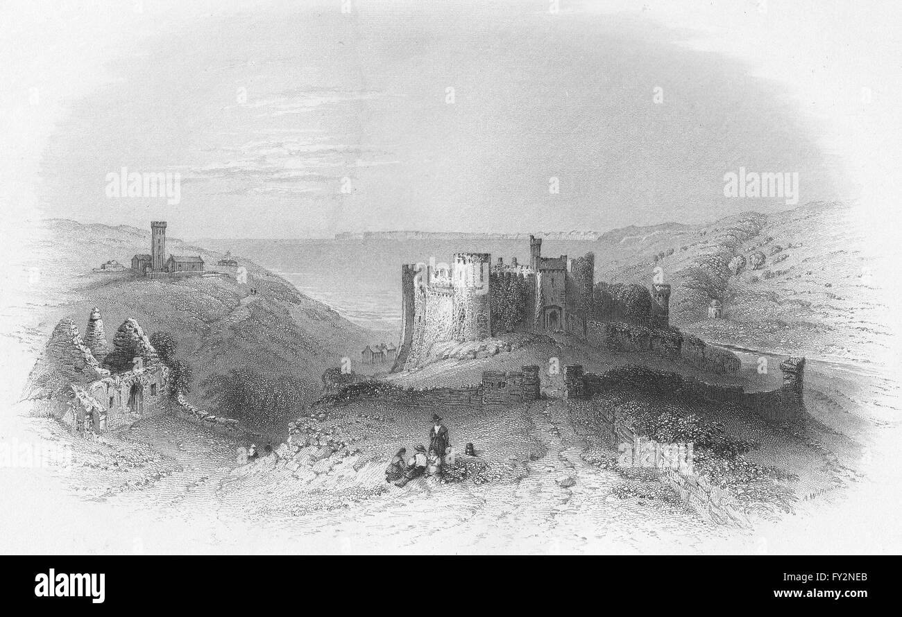 WALES: Manorbier castle, Church-Bartlett, antique print c1860 Stock ...