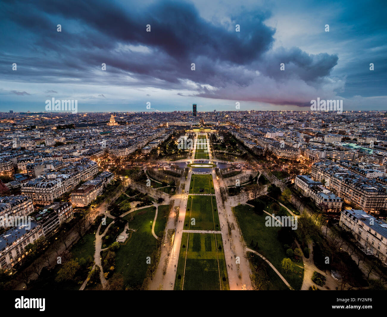 Champ de Mars, with Montparnasse Tower in background at night, Paris ...