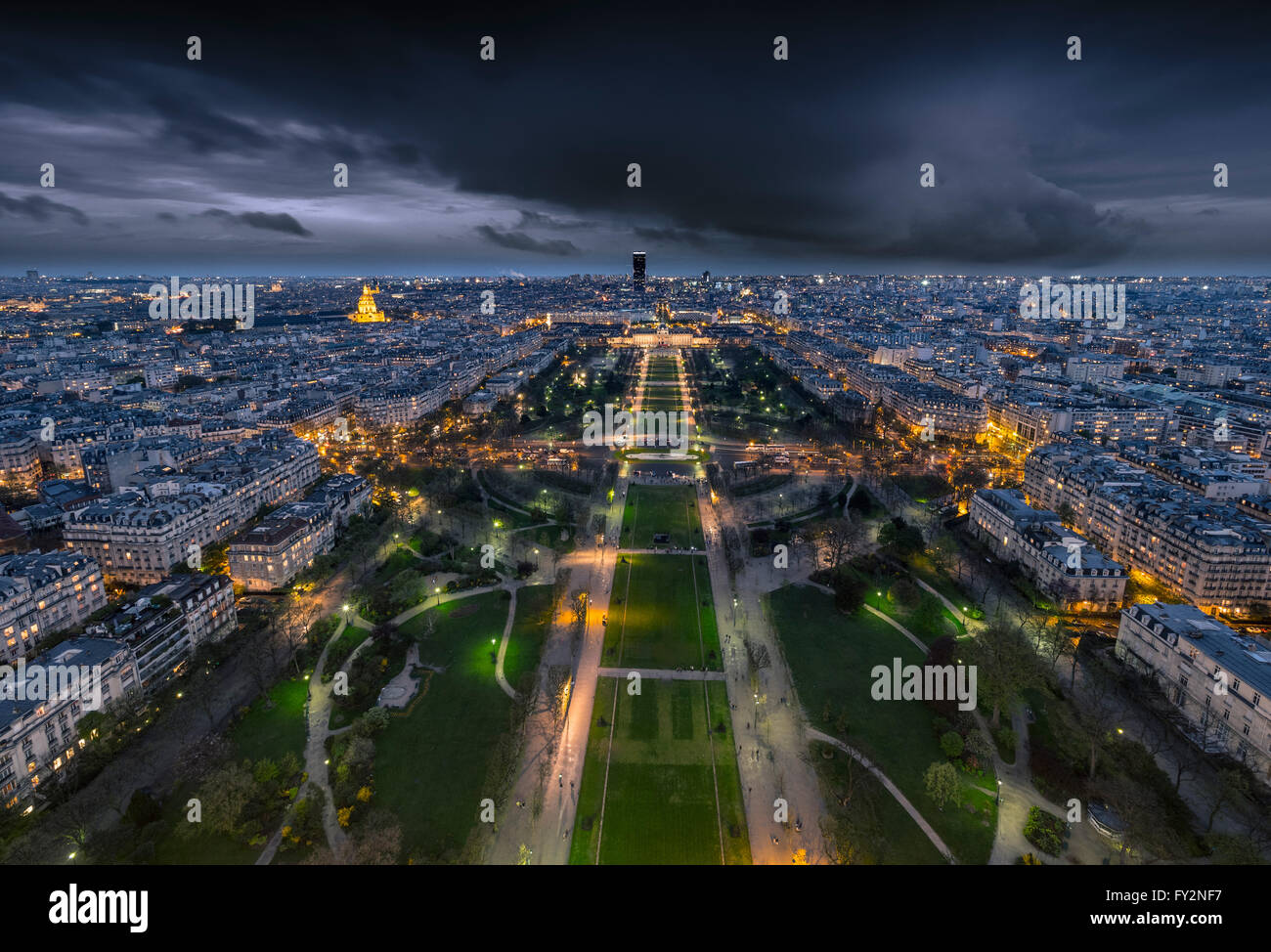 Champ de Mars, with Montparnasse Tower in background at night, Paris ...