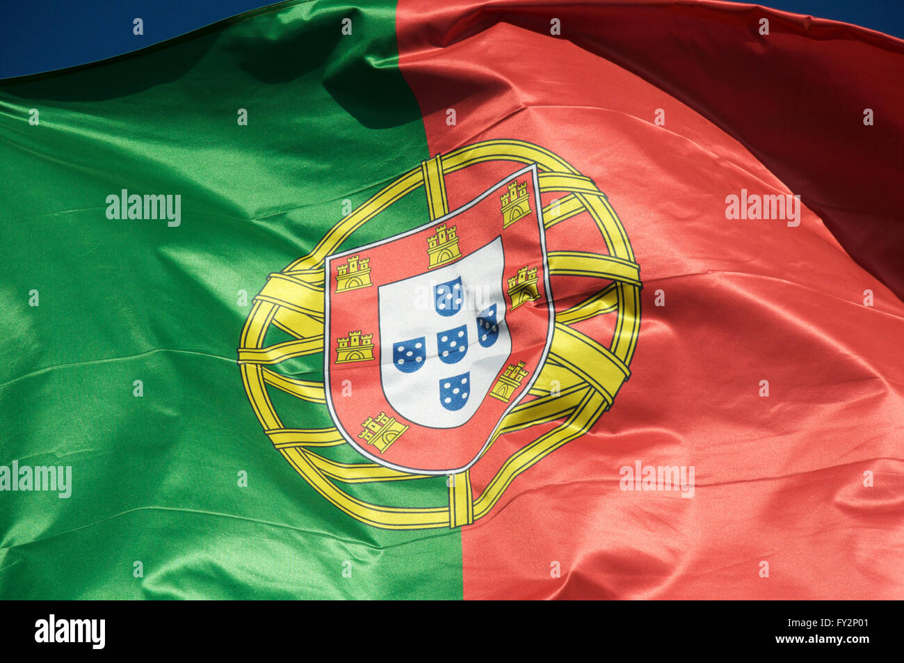 A close up of the red and green national flag of the Portuguese ...