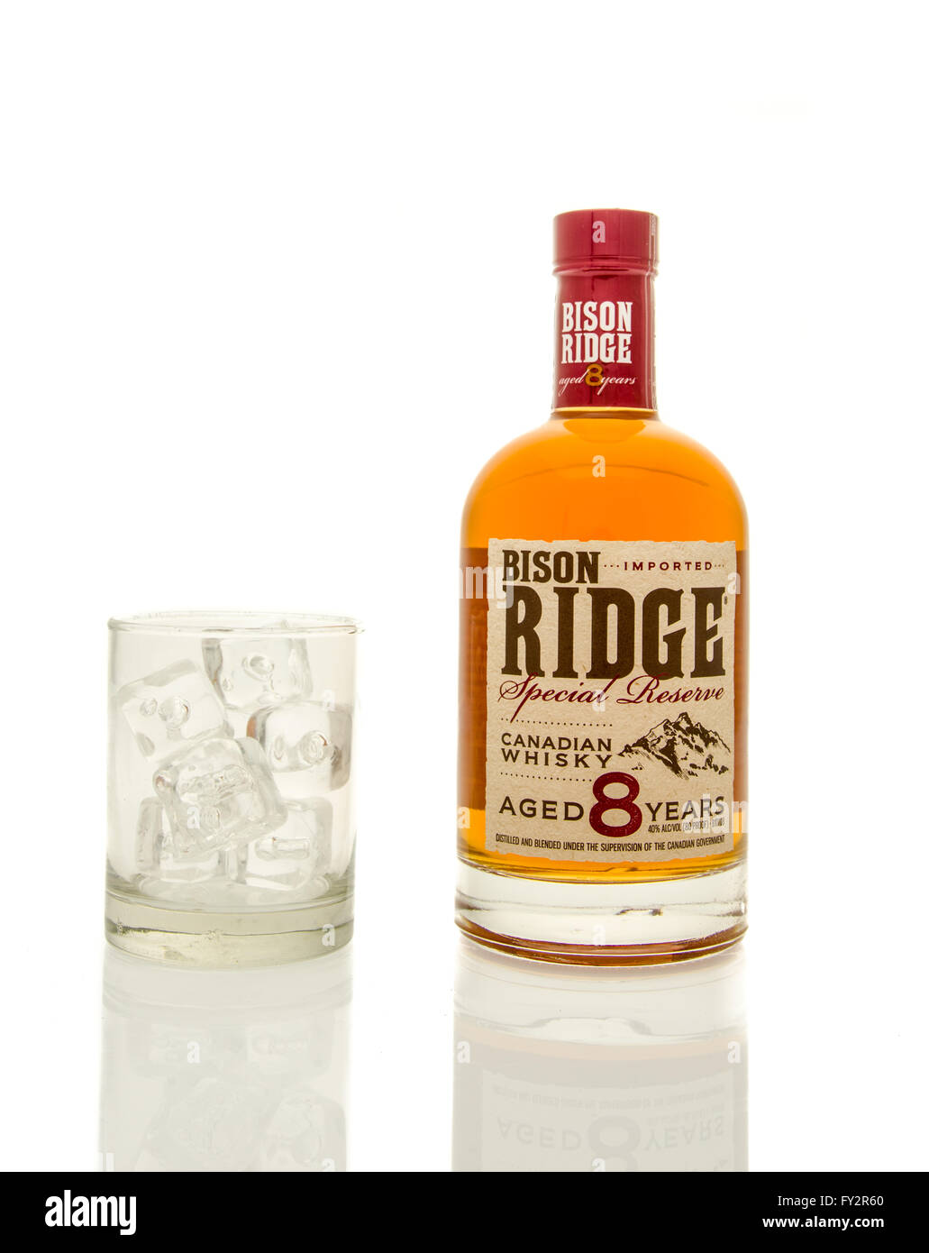 Winneconne, WI - 19 March 2016: A bottle of Bison ridge whisky with a ...