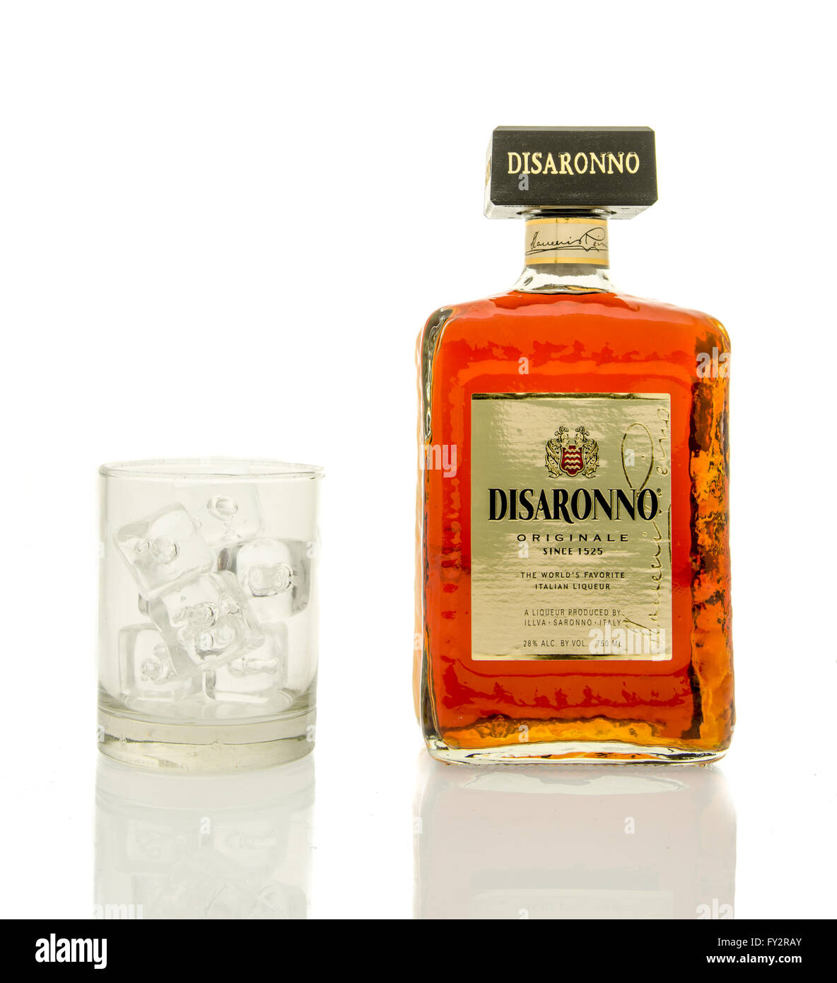 Winneconne, WI - 19 March 2016: A bottle of Disaronno liqueur with a ...