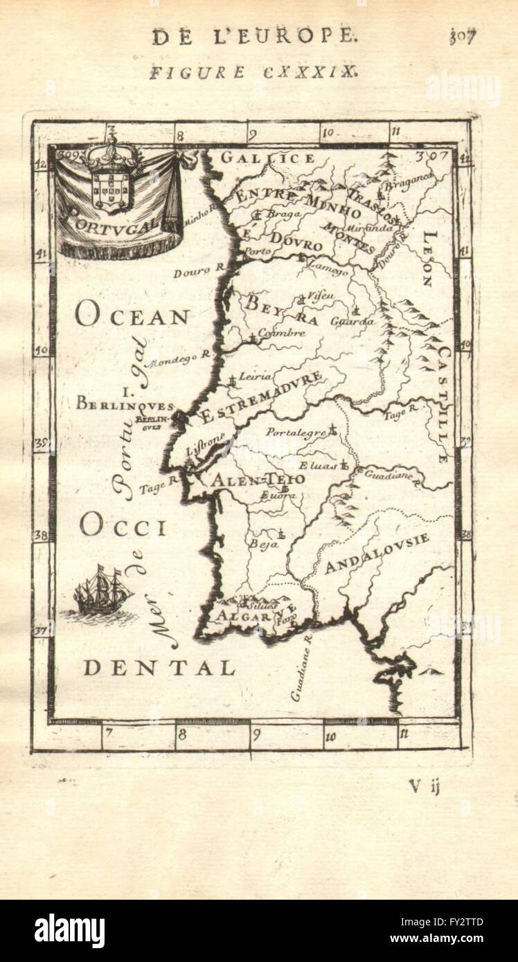 PORTUGAL: Showing provinces, towns & rivers. Decorative. MALLET, 1683 ...
