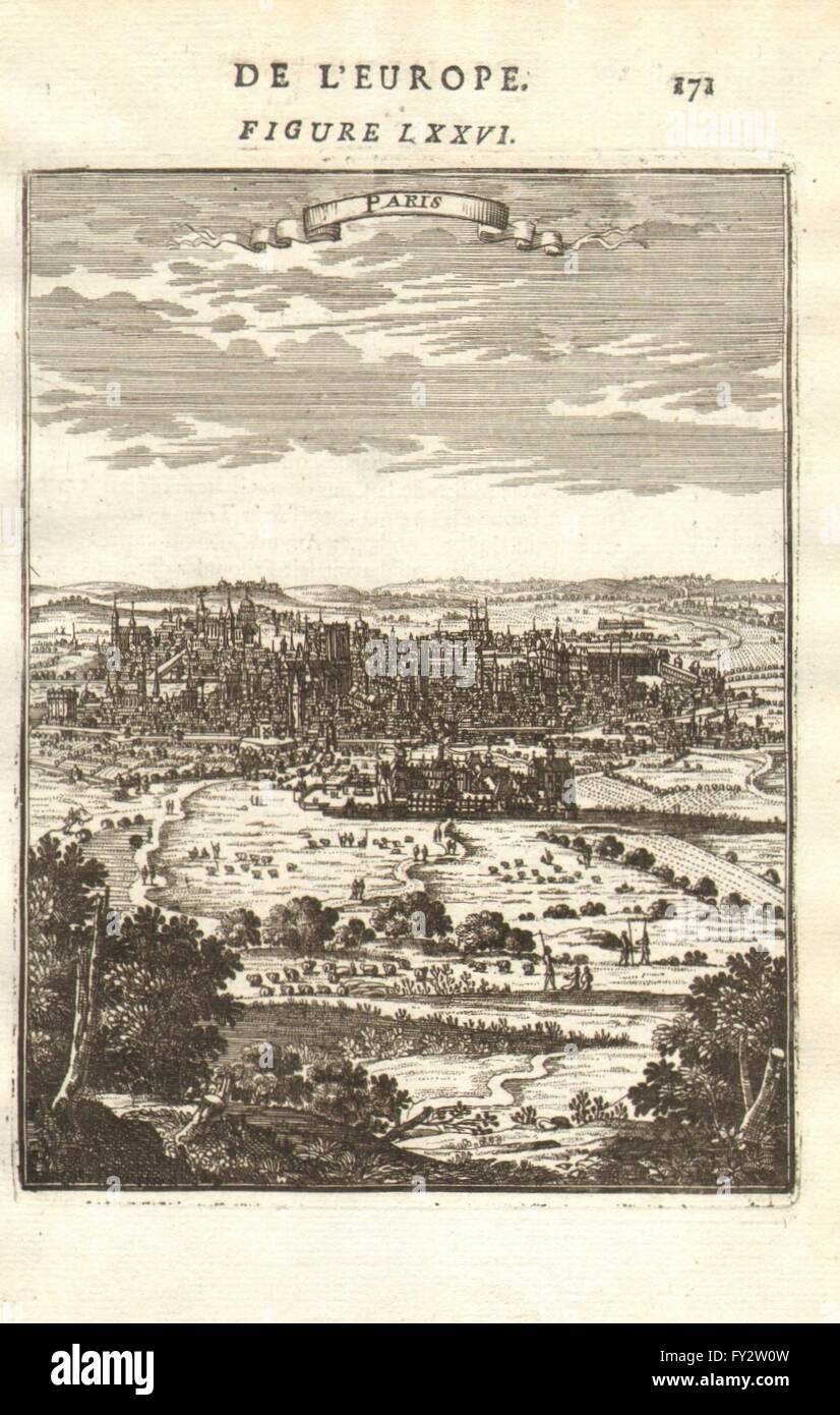 PARIS: Decorative view of the city of Paris. MALLET, antique print 1683 ...