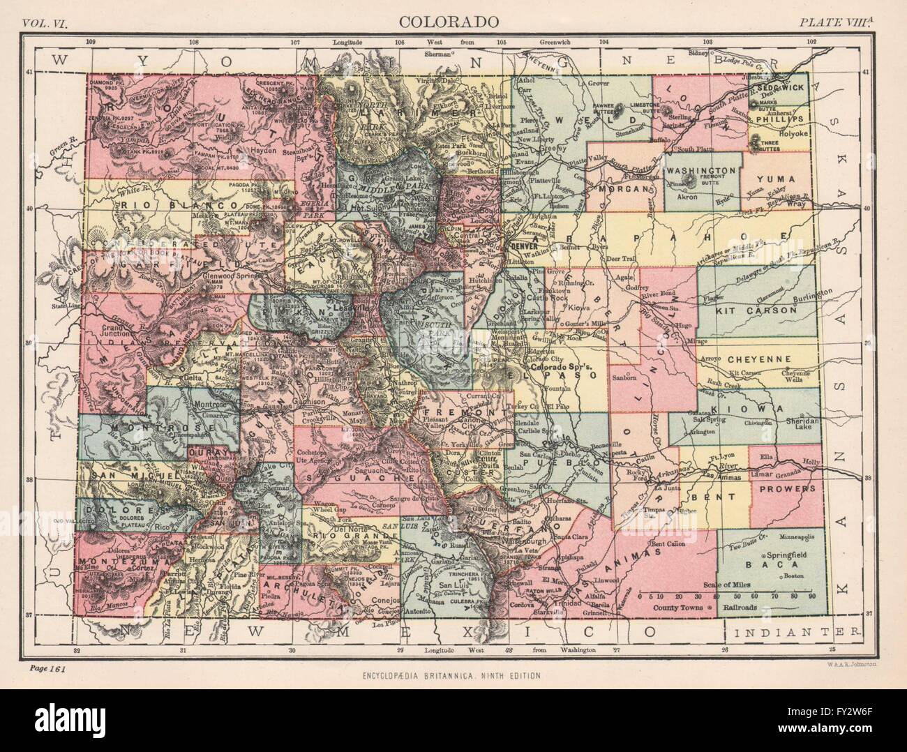 COLORADO: State map showing counties. Denver. Britannica 9th edition ...