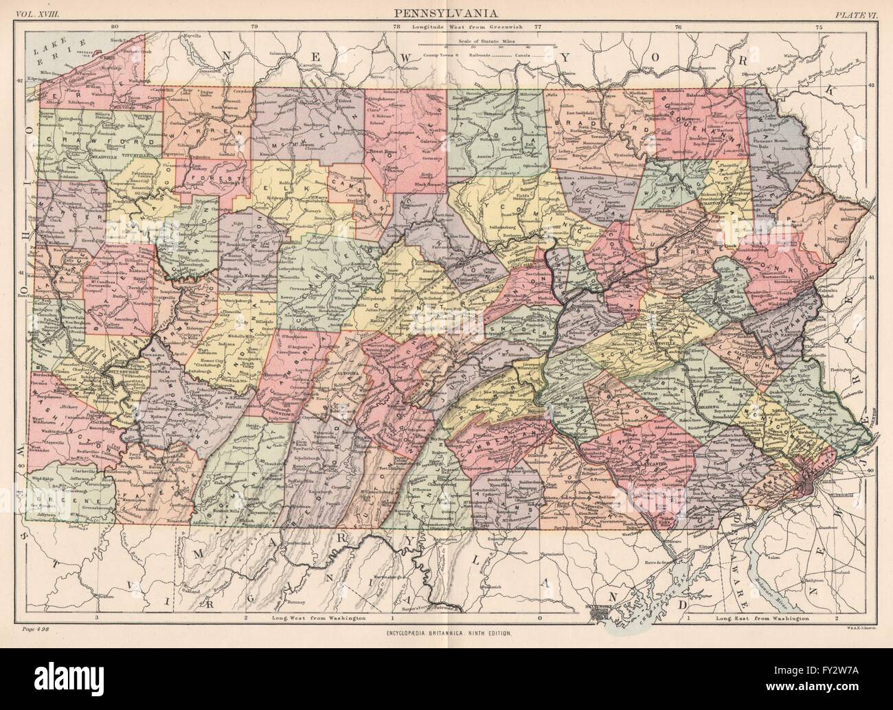 PENNSYLVANIA: State map. Philadelphia. Counties railroads canals., 1898 ...