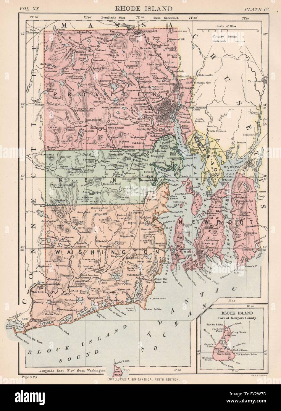 RHODE ISLAND: State map showing counties & railroads. Providence., 1898 ...