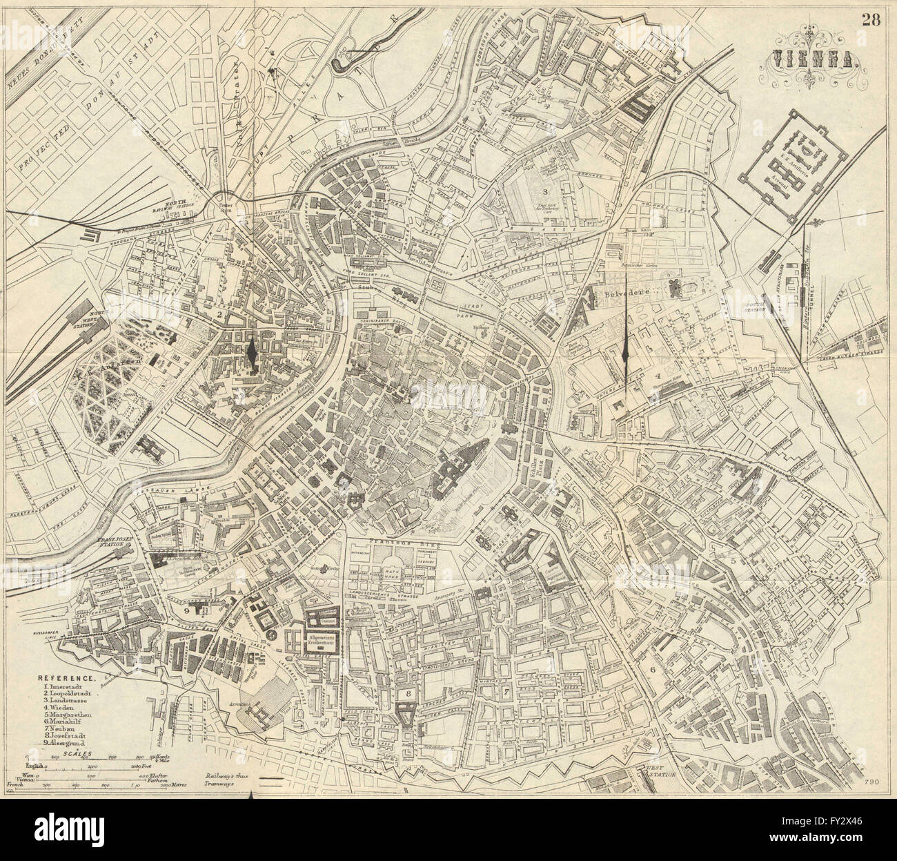 VIENNA WIEN: Antique town plan. City map. Austria. BRADSHAW, 1890 Stock ...
