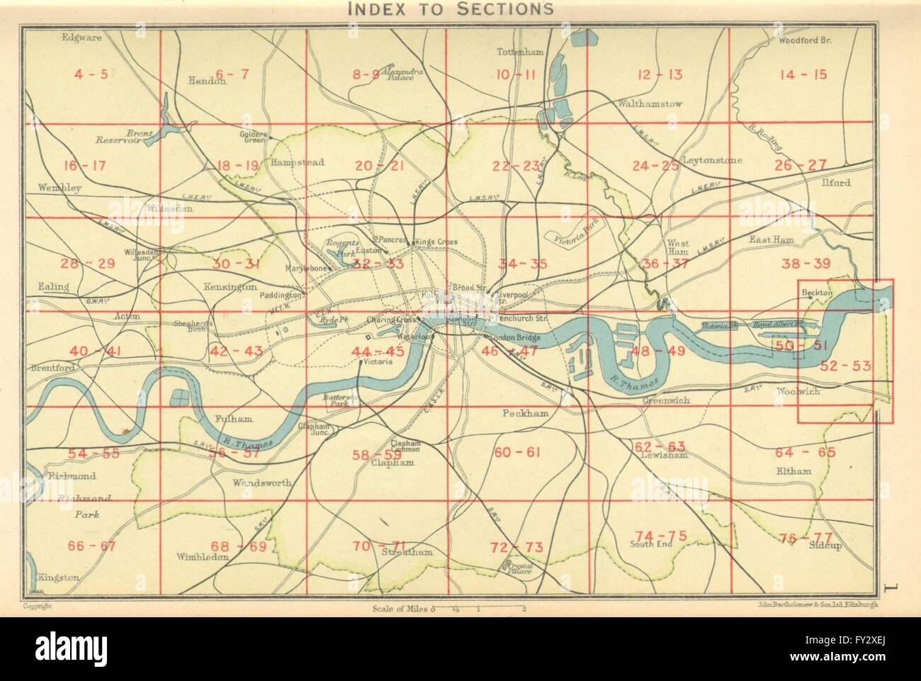 LONDON: Index map of London. Railways. BARTHOLOMEW, 1930 Stock Photo ...