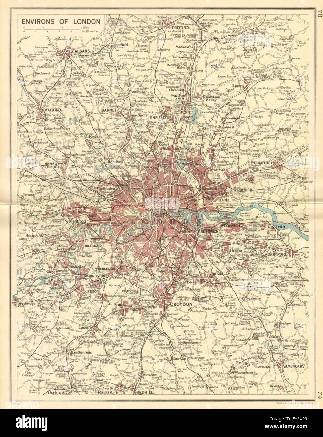 LONDON & HOME COUNTIES: Railways & roads. BARTHOLOMEW, 1930 vintage map ...