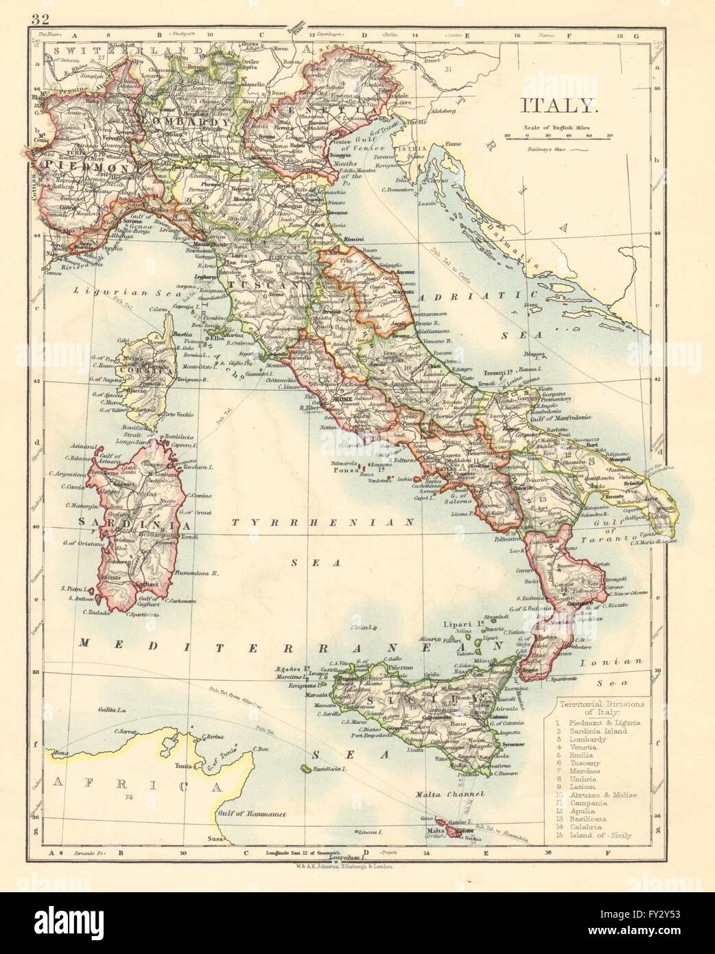 ITALY. Showing states/territorial divisions. JOHNSTON, 1899 antique map ...