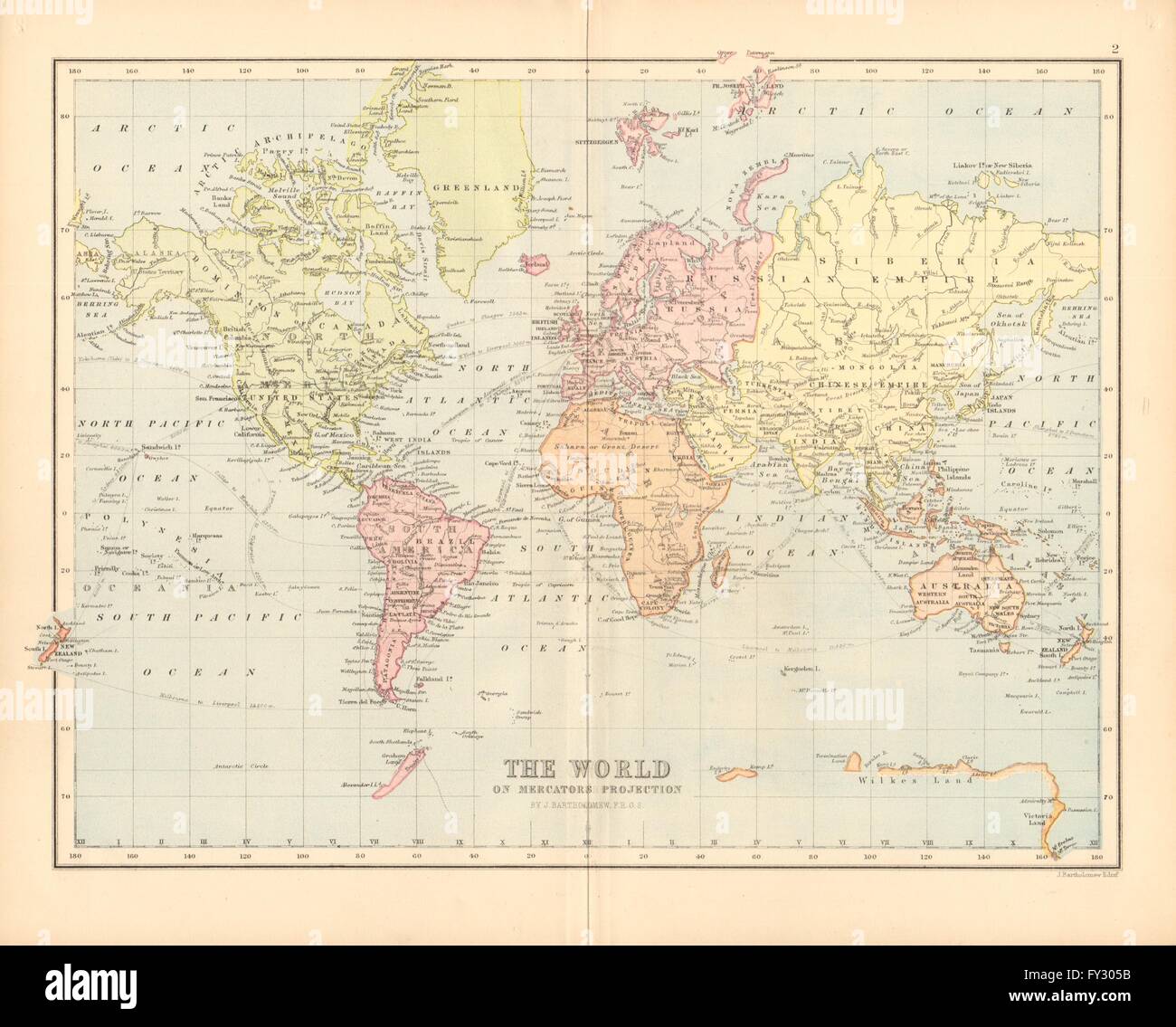 'The World on Mercators Projection'. BARTHOLOMEW, 1876 antique map ...