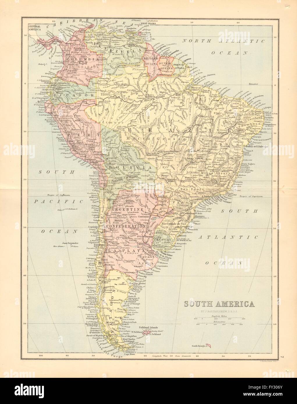 SOUTH AMERICA. Bolivia with littoral/sea coast. Patagonia. BARTHOLOMEW ...