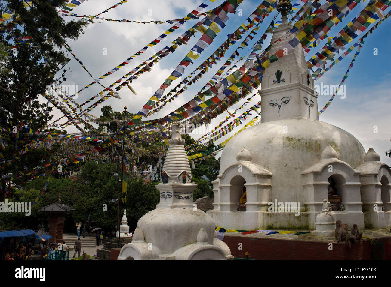 Small buddhist stupa with prayer flags at Swayambunath temple in ...