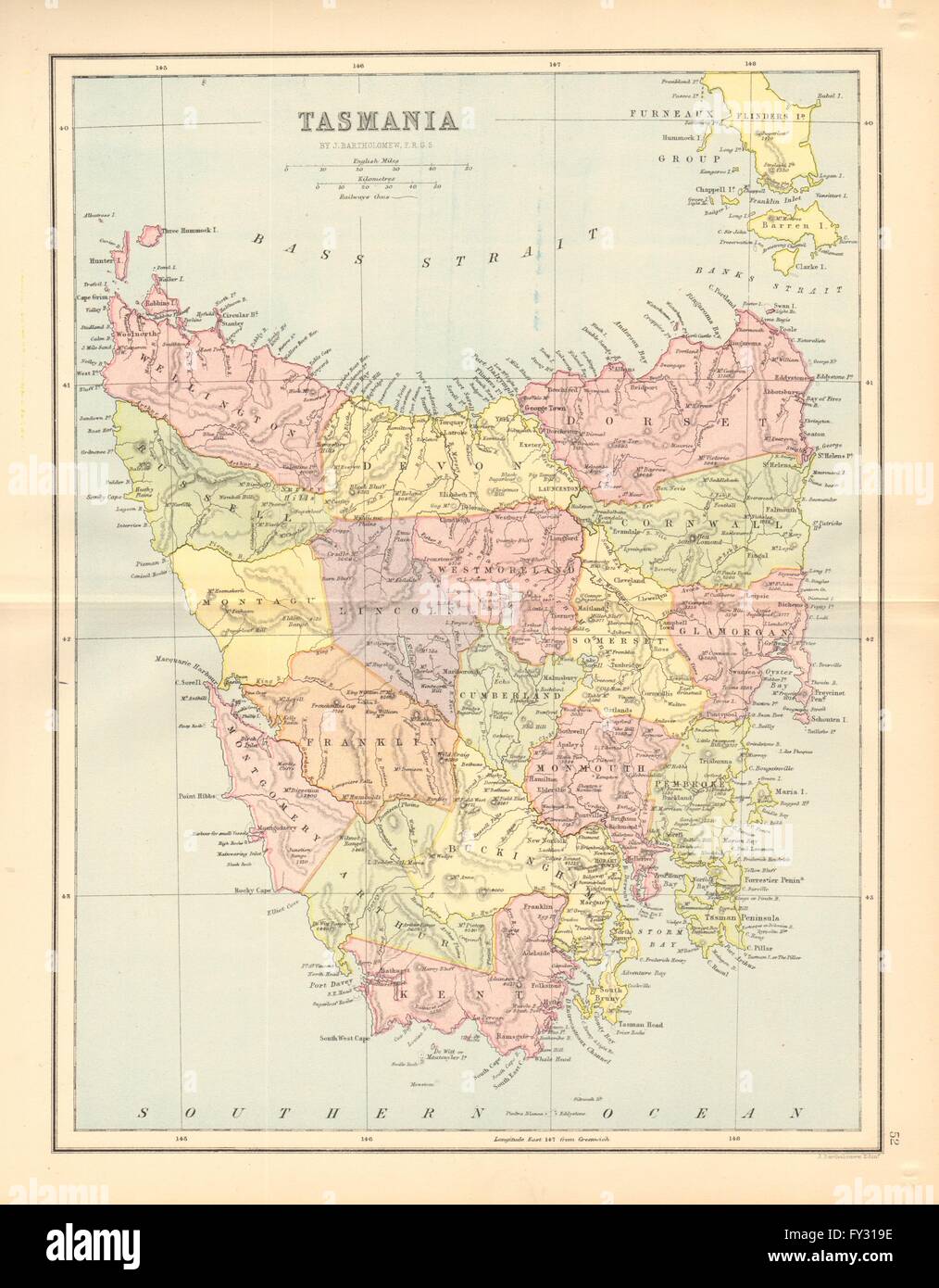 TASMANIA. State map showing counties & railways. Australia. BARTHOLOMEW ... TASMANIA. State map showing counties & railways. Australia. BARTHOLOMEW ...