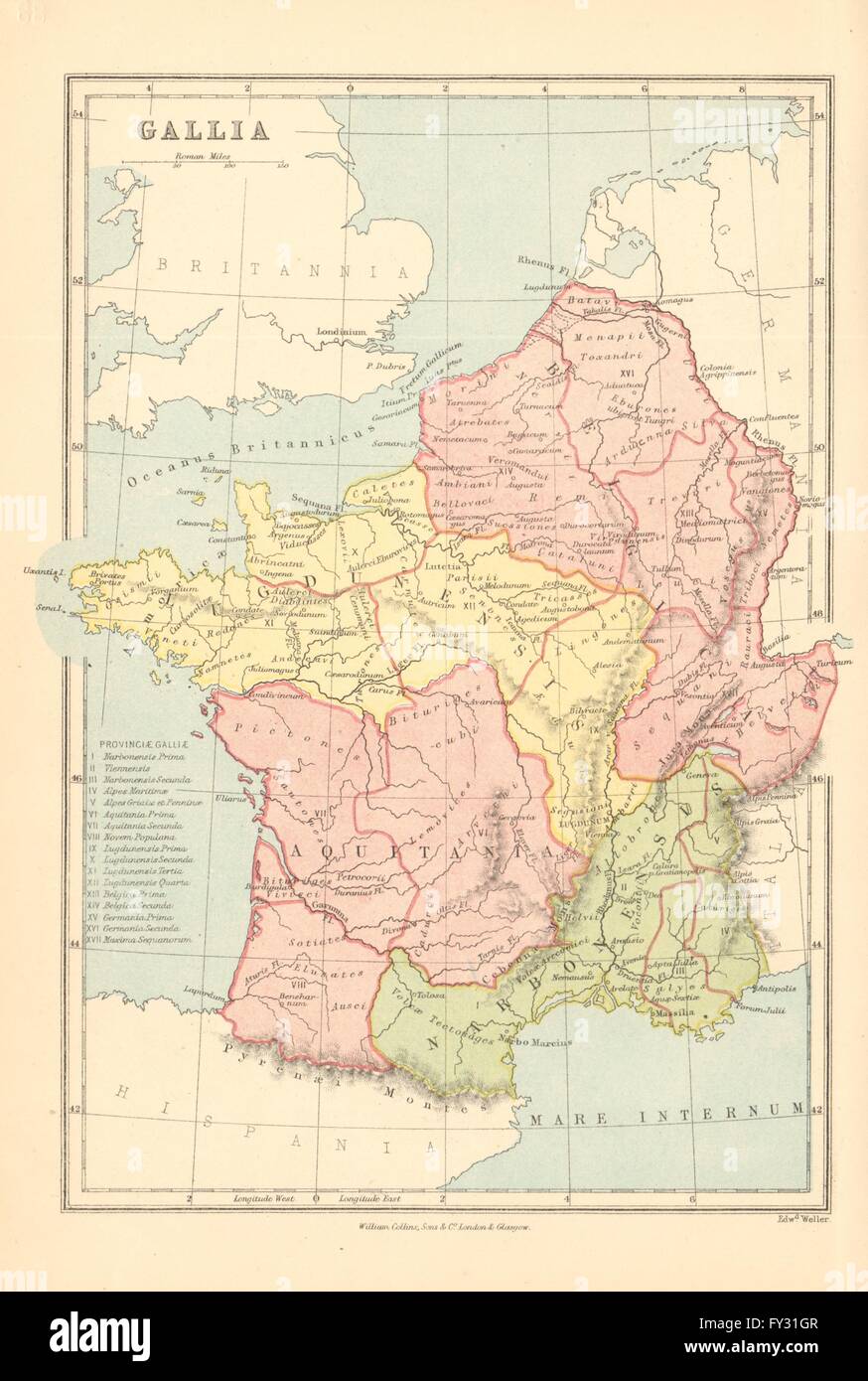 GAUL. ROMAN FRANCE. 'Gallia'. Provinces. BARTHOLOMEW, 1876 antique map ...