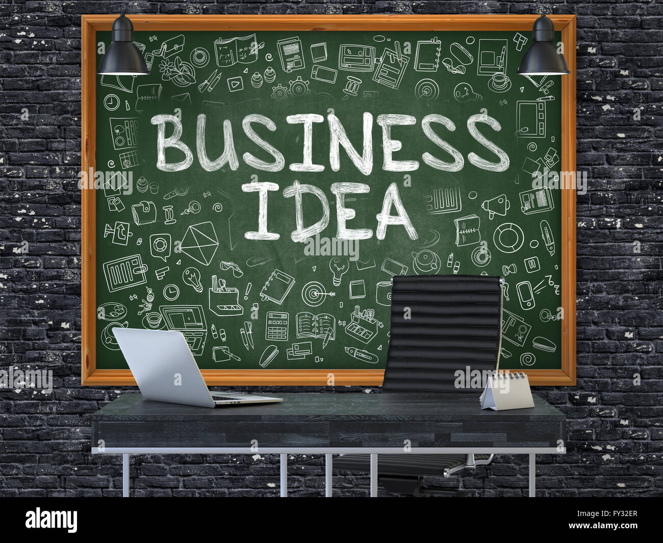 Business Idea on Chalkboard with Doodle Icons Stock Photo - Alamy