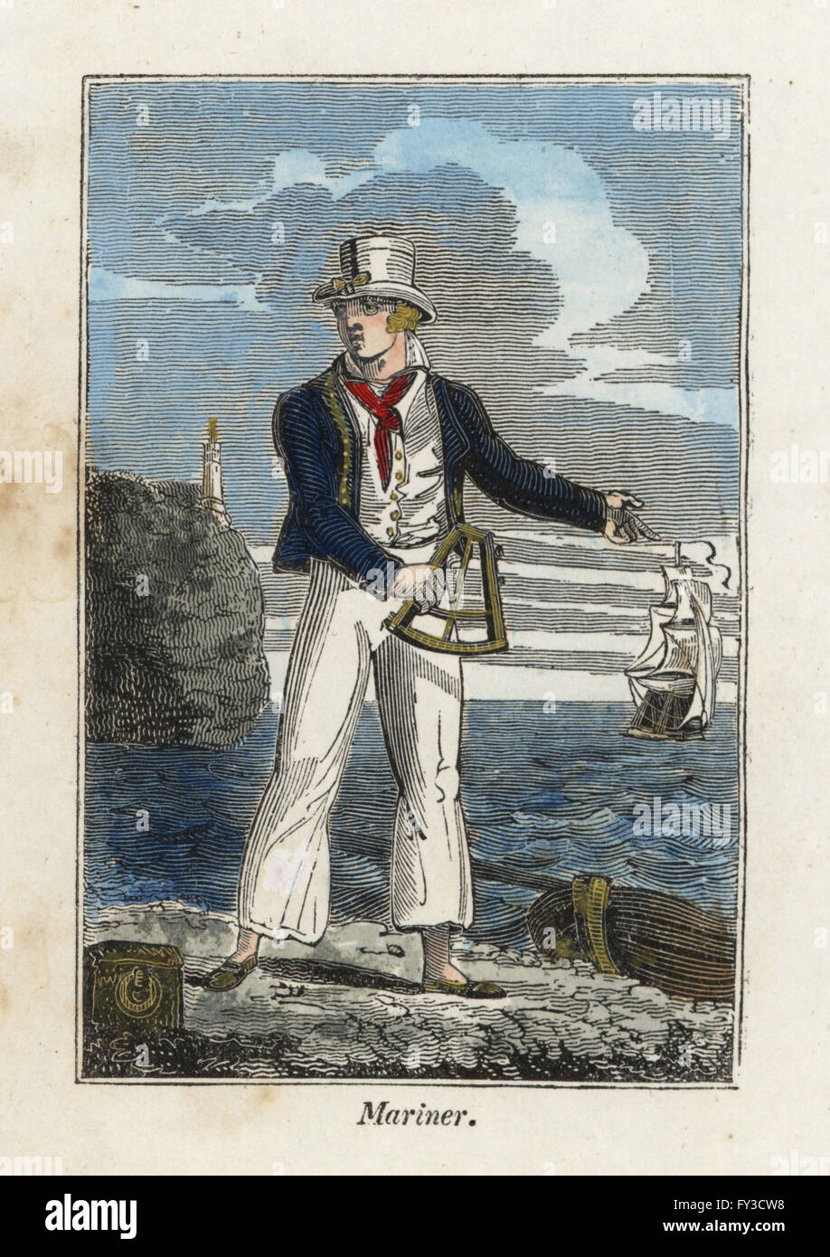 English mariner with sextant on a beach in front of a lighthouse and ...