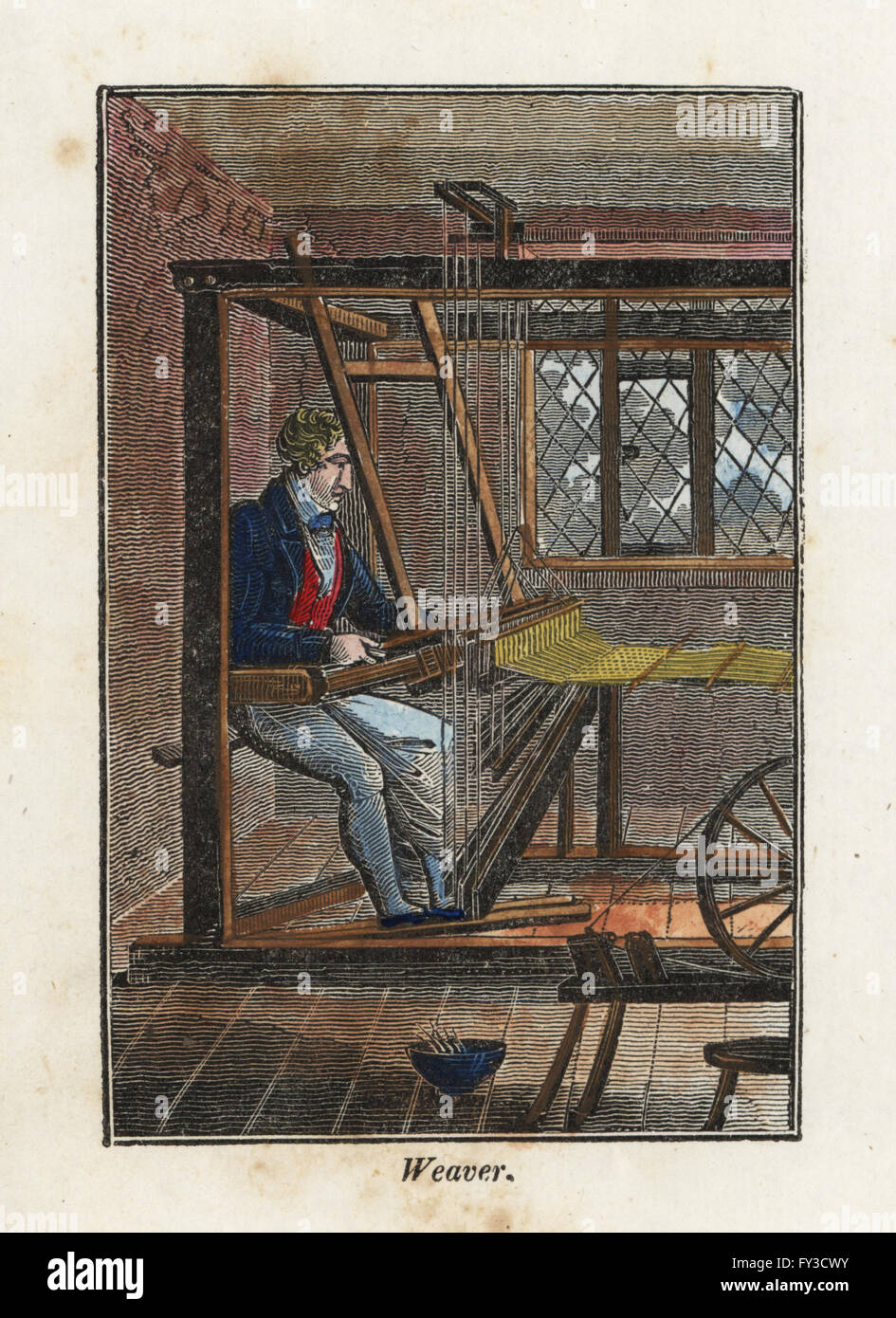 A weaver weaving fabric on a loom in a cottage. Handcoloured woodcut ...