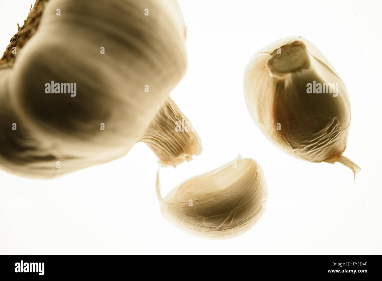 three pieces of garlic on white background Stock Photo - Alamy
