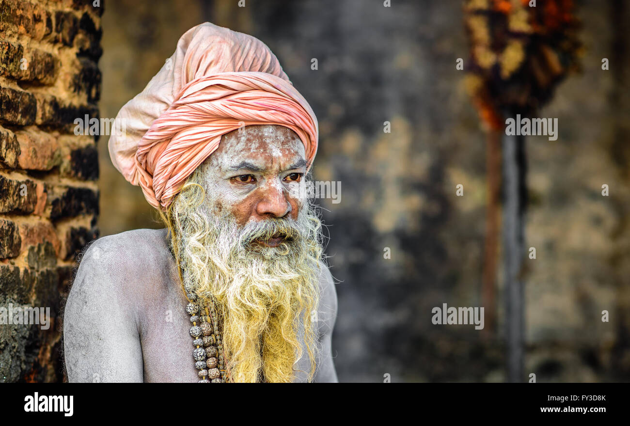 Portrait of Shaiva sadhu (holy man) with traditional long beard in ...