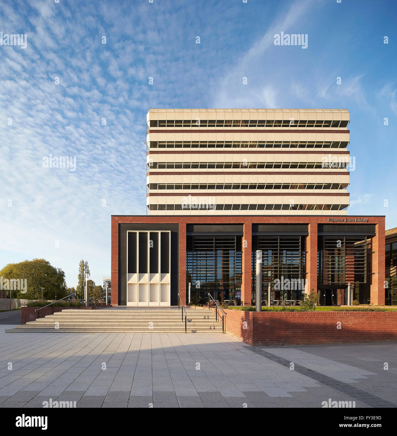 Front elevation of new library entrance with Brutalist building block ...