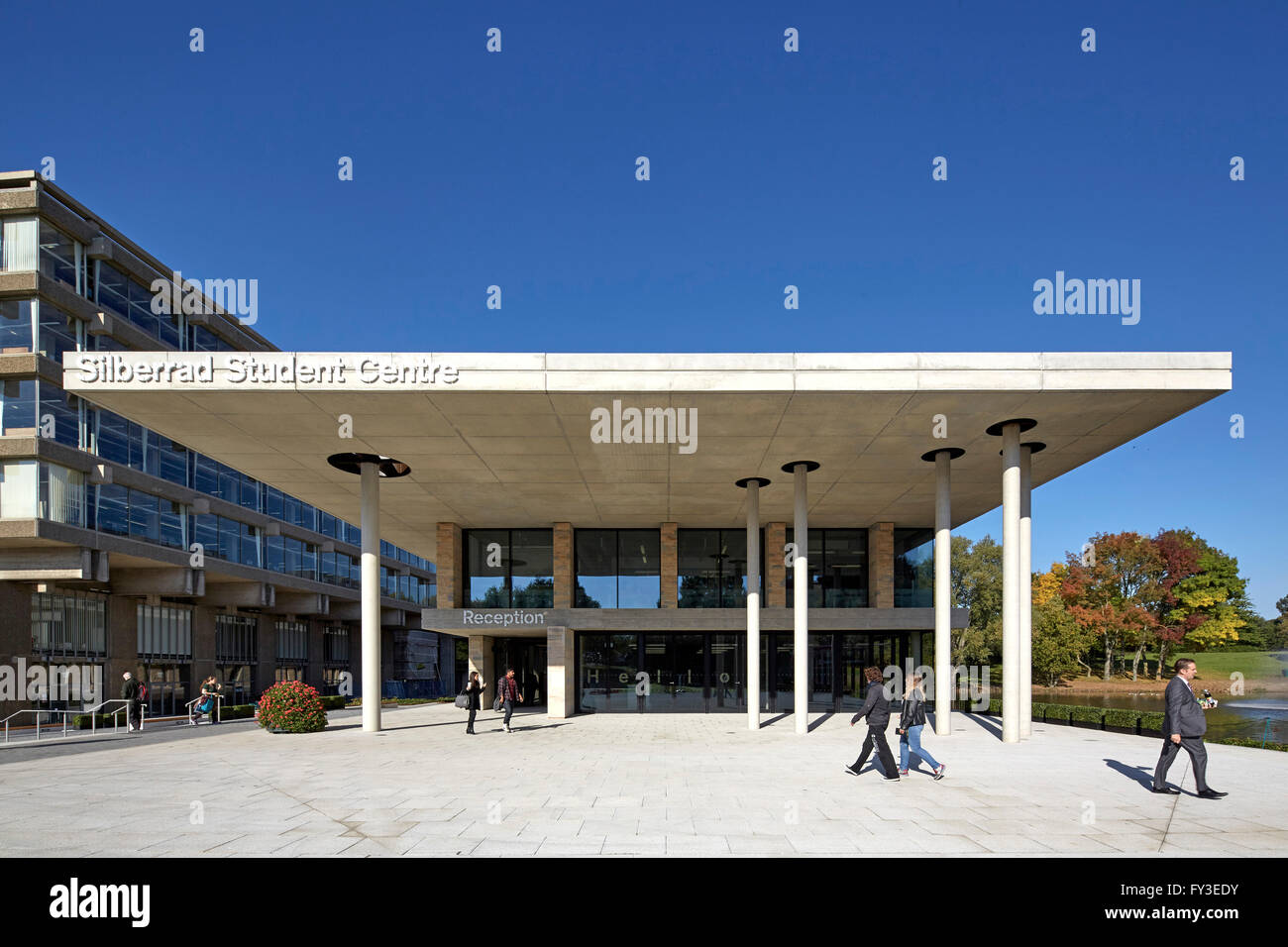 Silberrad Student Centre with passing students. Albert Sloman Library ...