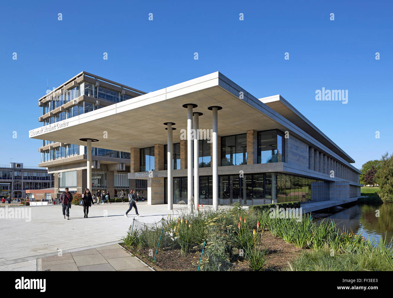 Silberrad Student Centre with passing students. Albert Sloman Library ...